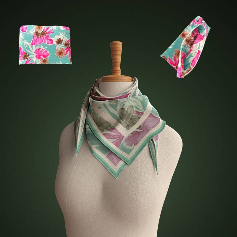 Foulard Mesmè con pochette coordinata - disegno tropicale verde - Tess